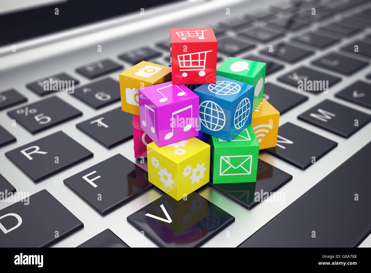 Macro view of heap colorful cubes with application icons and symbols on ...