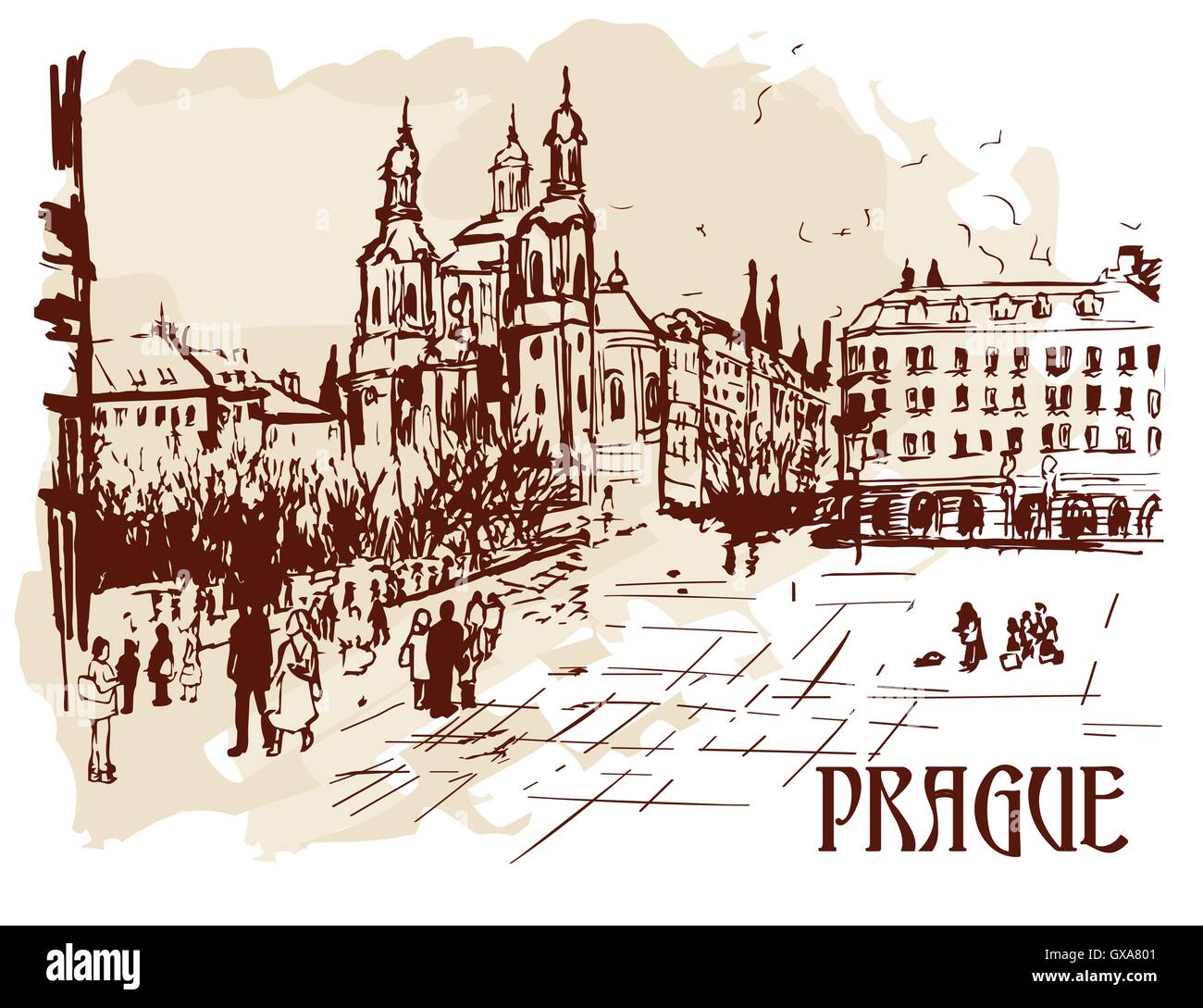 Illustration of Prague square. Unique beautiful drawing of old city in ...