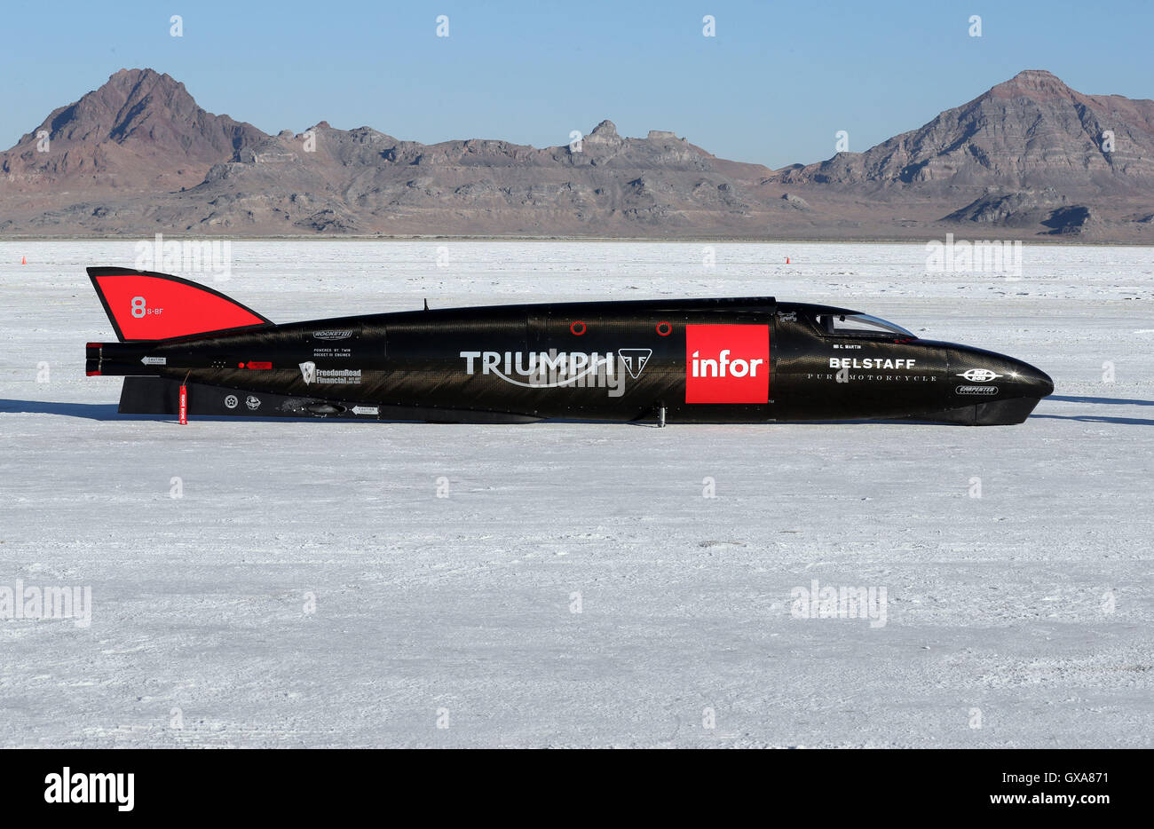 The Triumph Infor Rocket Streamliner sits on the salt flats at the ...