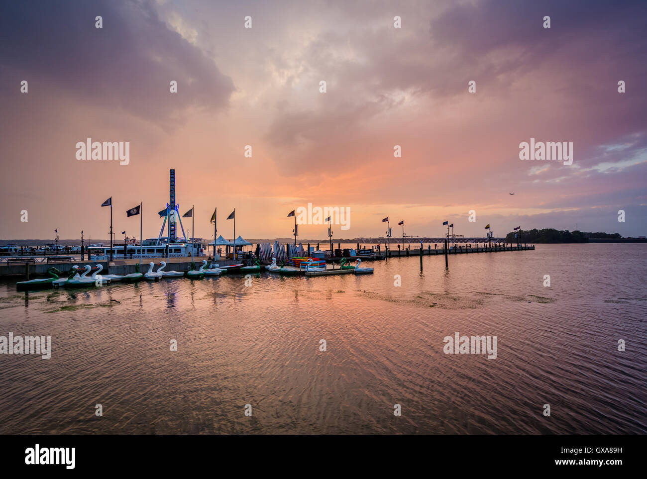 Sunset over the Potomac River, in National Harbor, Maryland Stock Photo ...