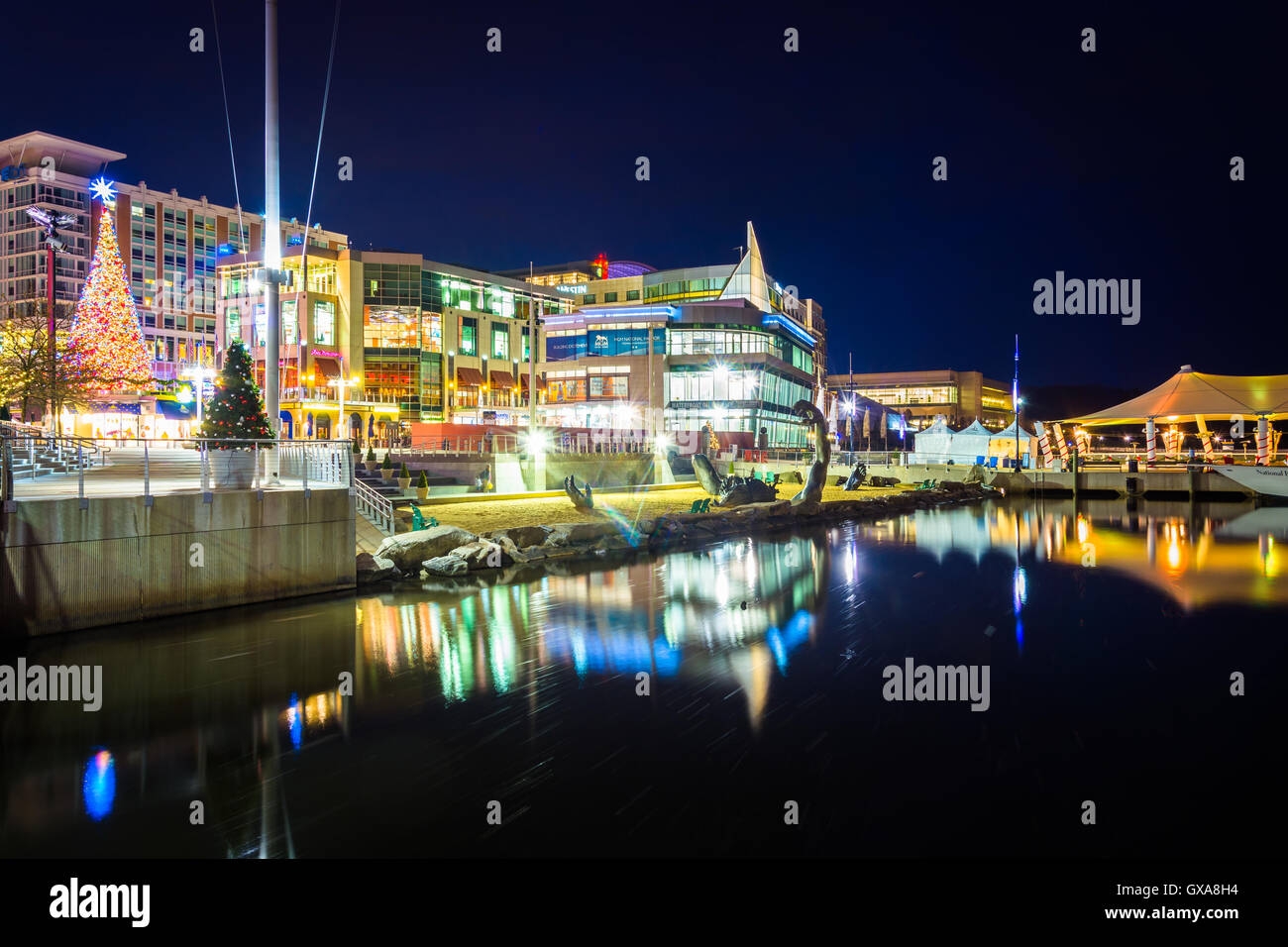 Buildings along the Potomac River waterfront at night, in National ...