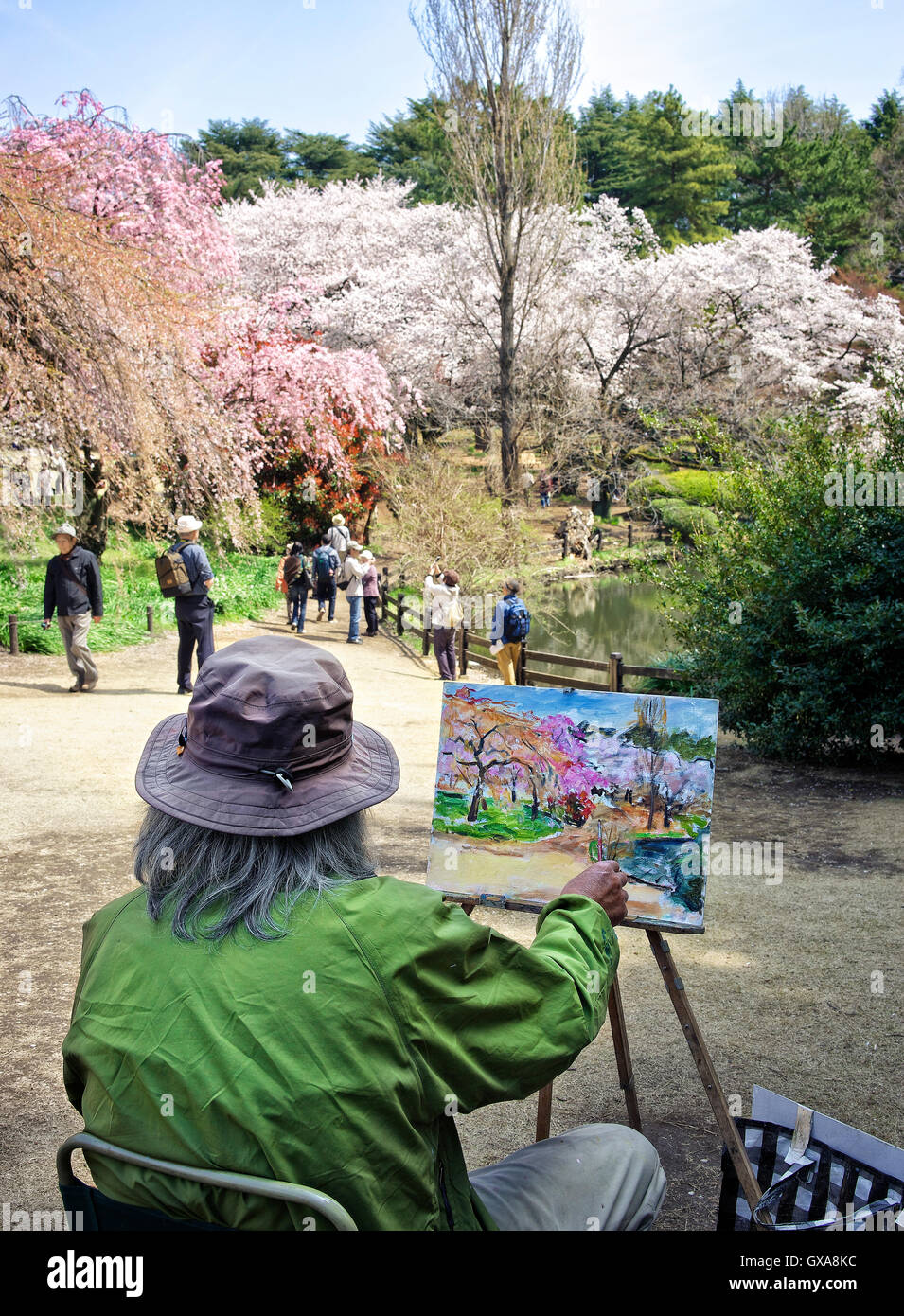 Japan, Honshu island, Kanto, Tokyo, Springtime or Hanami, painting at ...