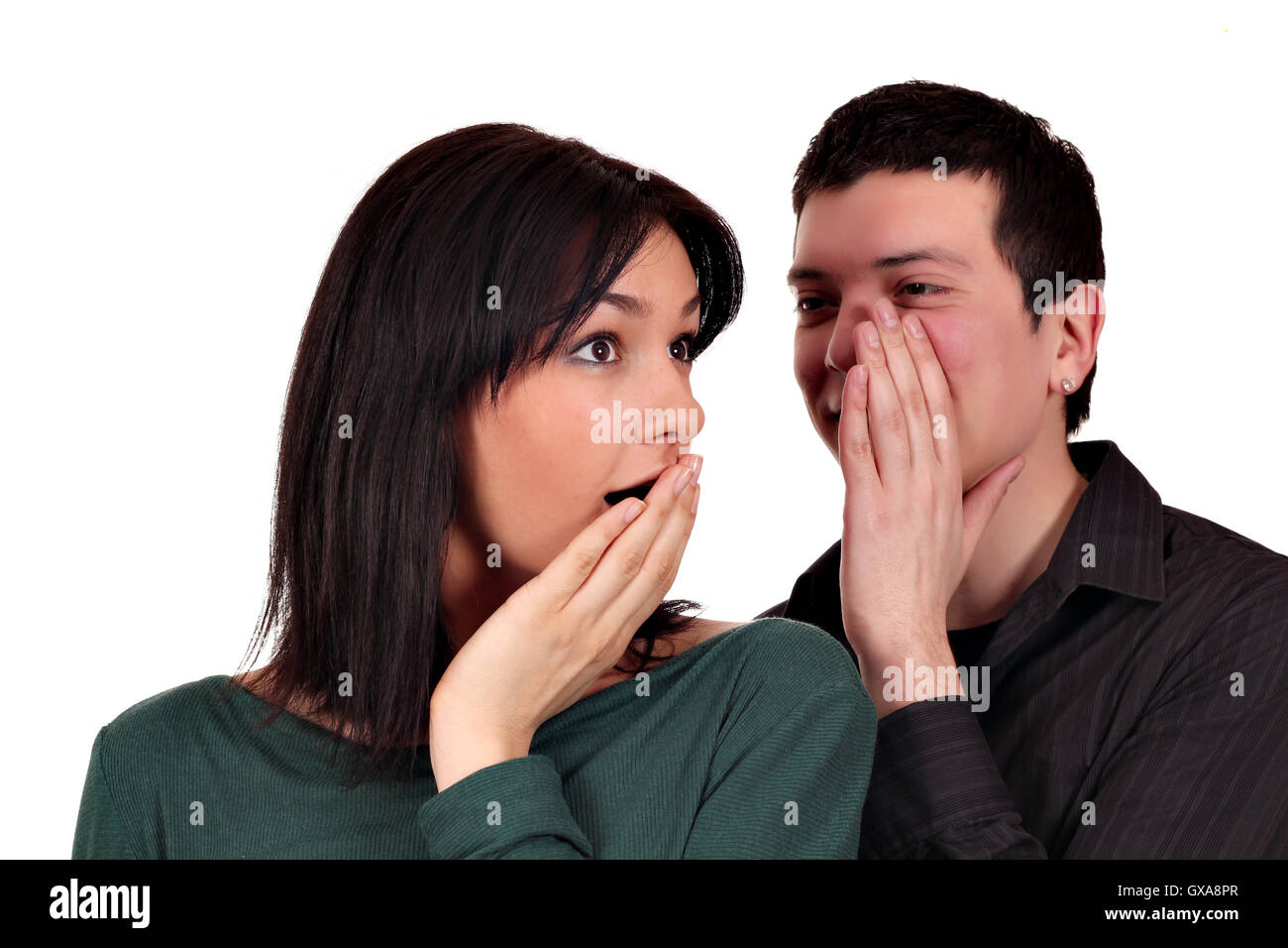 guy tells girl surprising news Stock Photo - Alamy