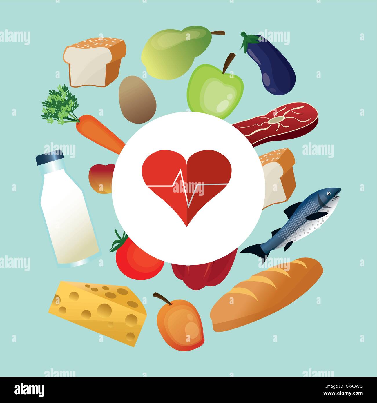 assorted healthy food and heart cardiogram icons image Stock Vector ...