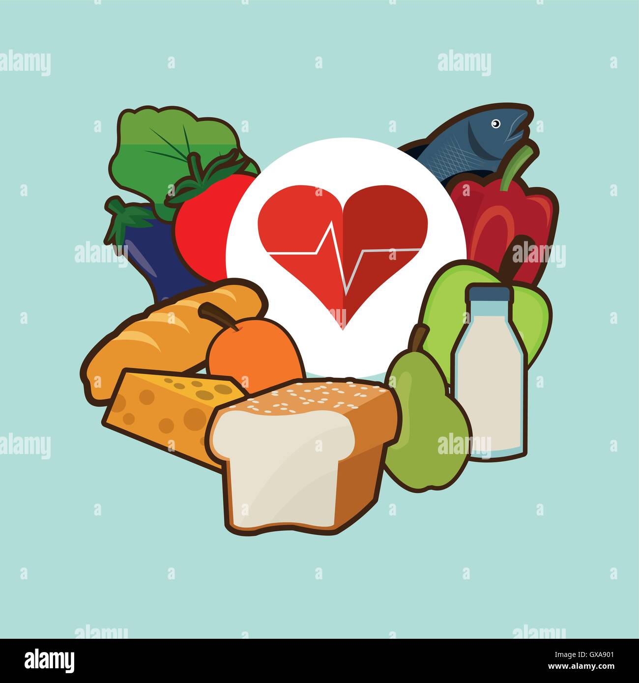 assorted healthy food and heart cardiogram icons image Stock Vector ...