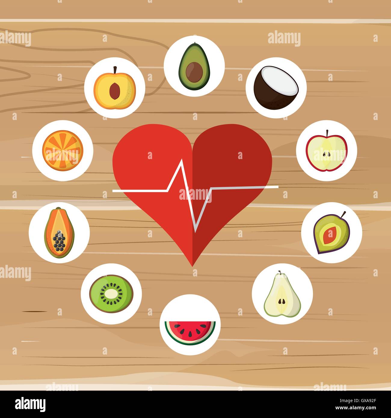assorted healthy food and heart cardiogram icons image Stock Vector ...