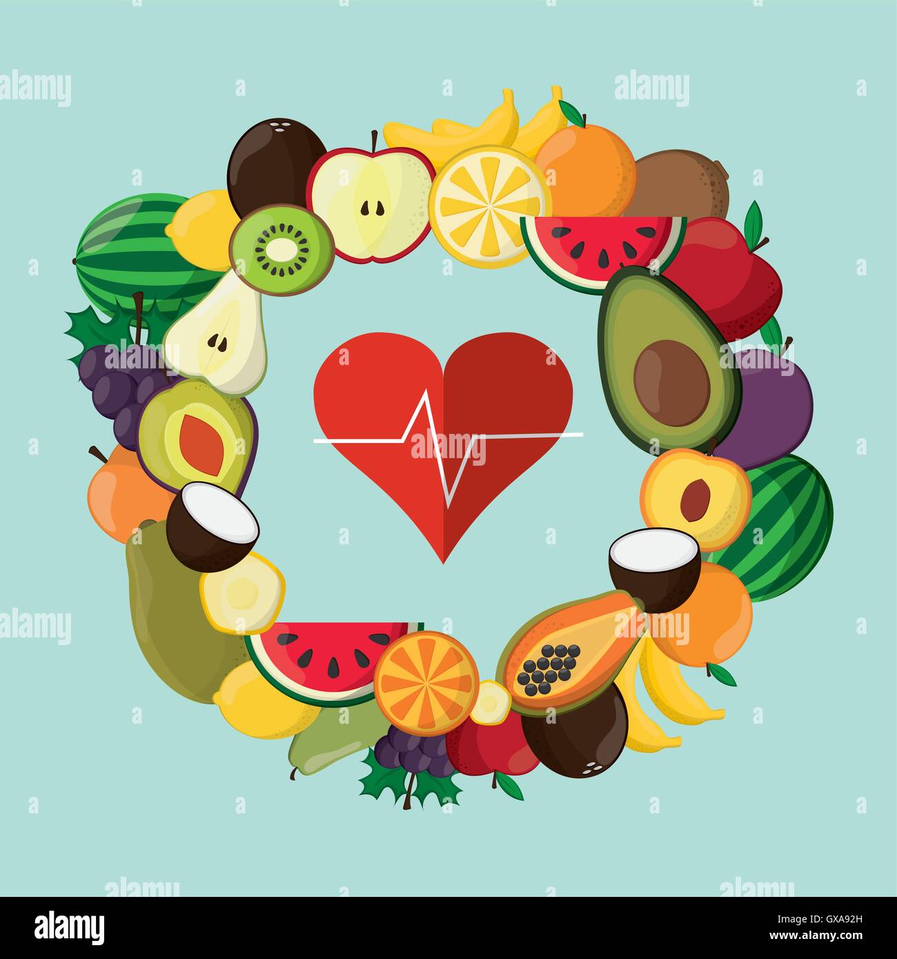 assorted healthy food and heart cardiogram icons image Stock Vector ...