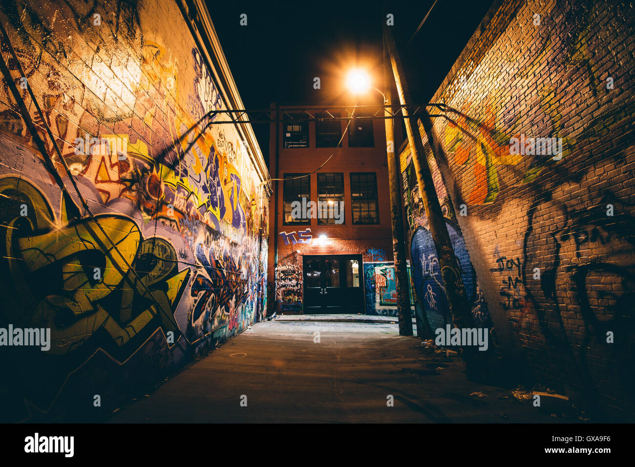 Graffiti Alley at night, in the Station North District, of Baltimore ...