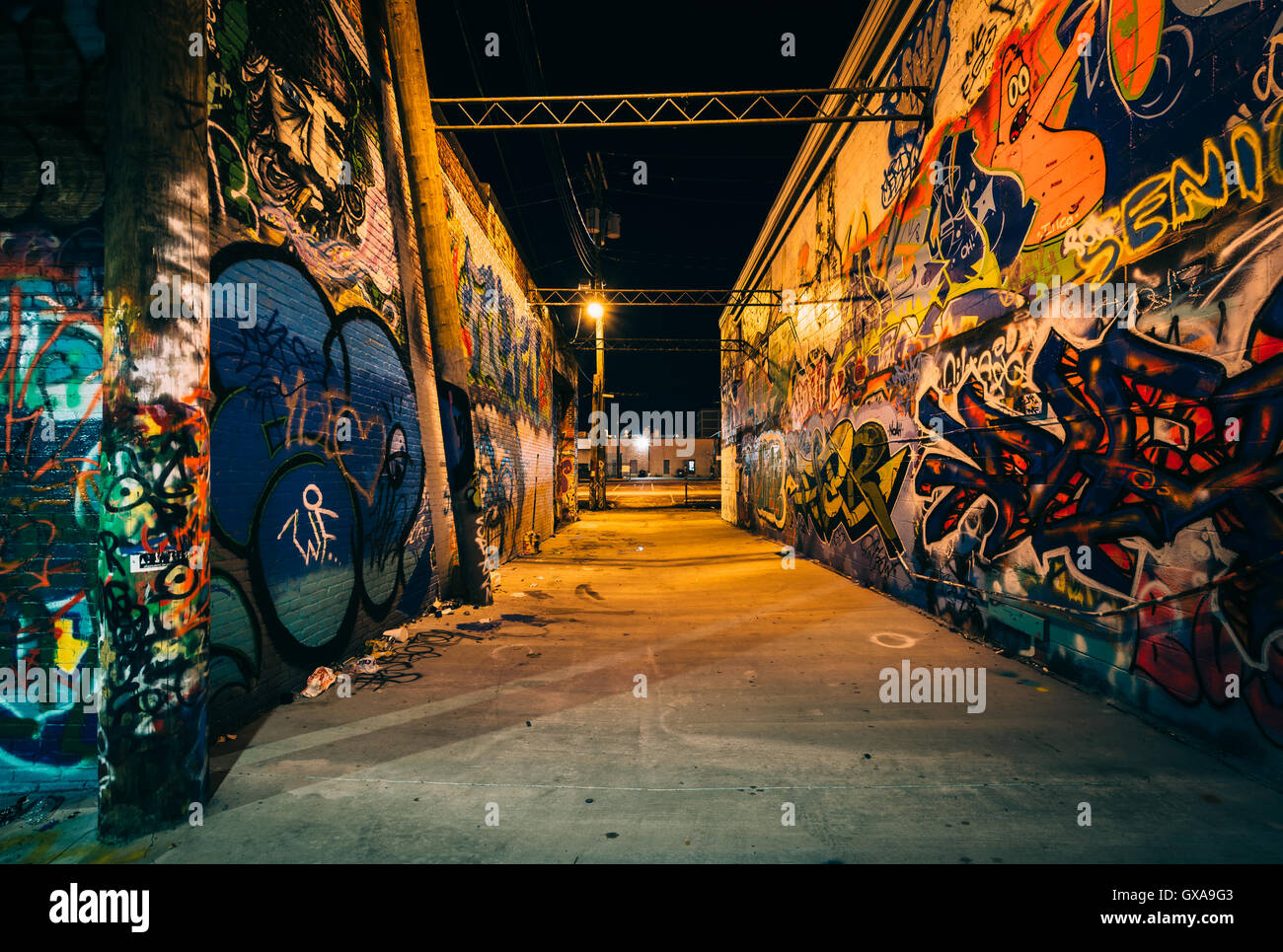 Graffiti Alley at night, in the Station North District, of Baltimore ...