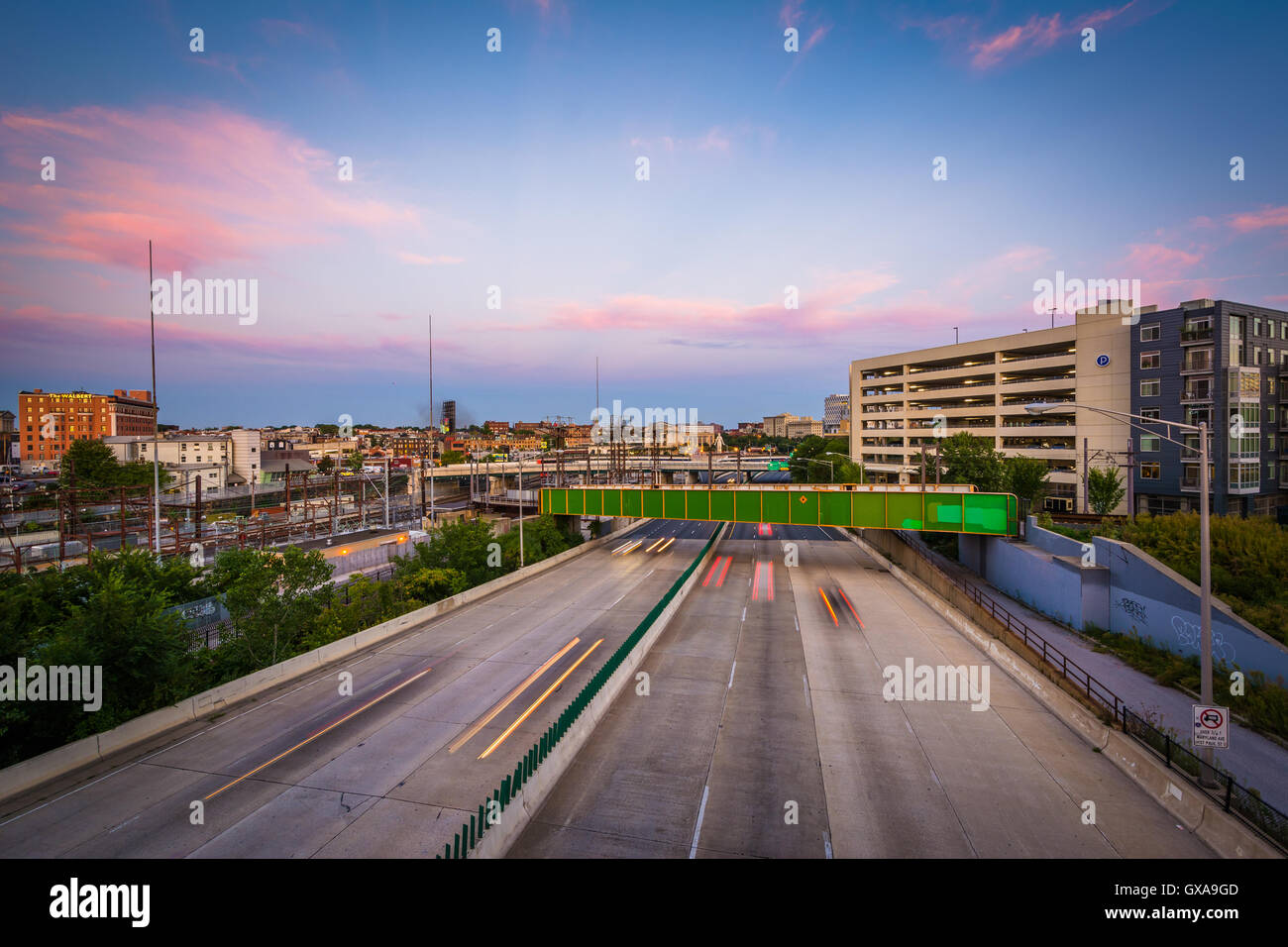 The Jones Falls Expressway at sunset, seen from the Howard Street ...