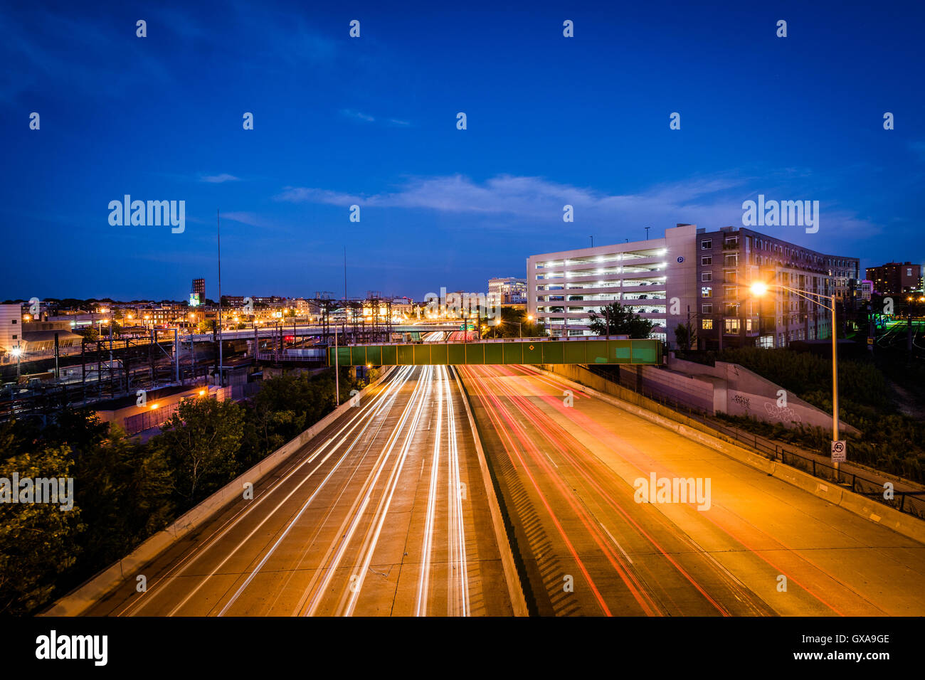 The Jones Falls Expressway at night, seen from the Howard Street Bridge ...