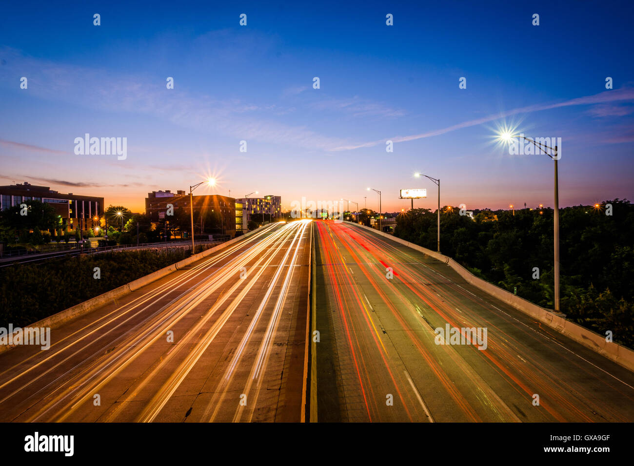 The Jones Falls Expressway at night, seen from the Howard Street Bridge ...