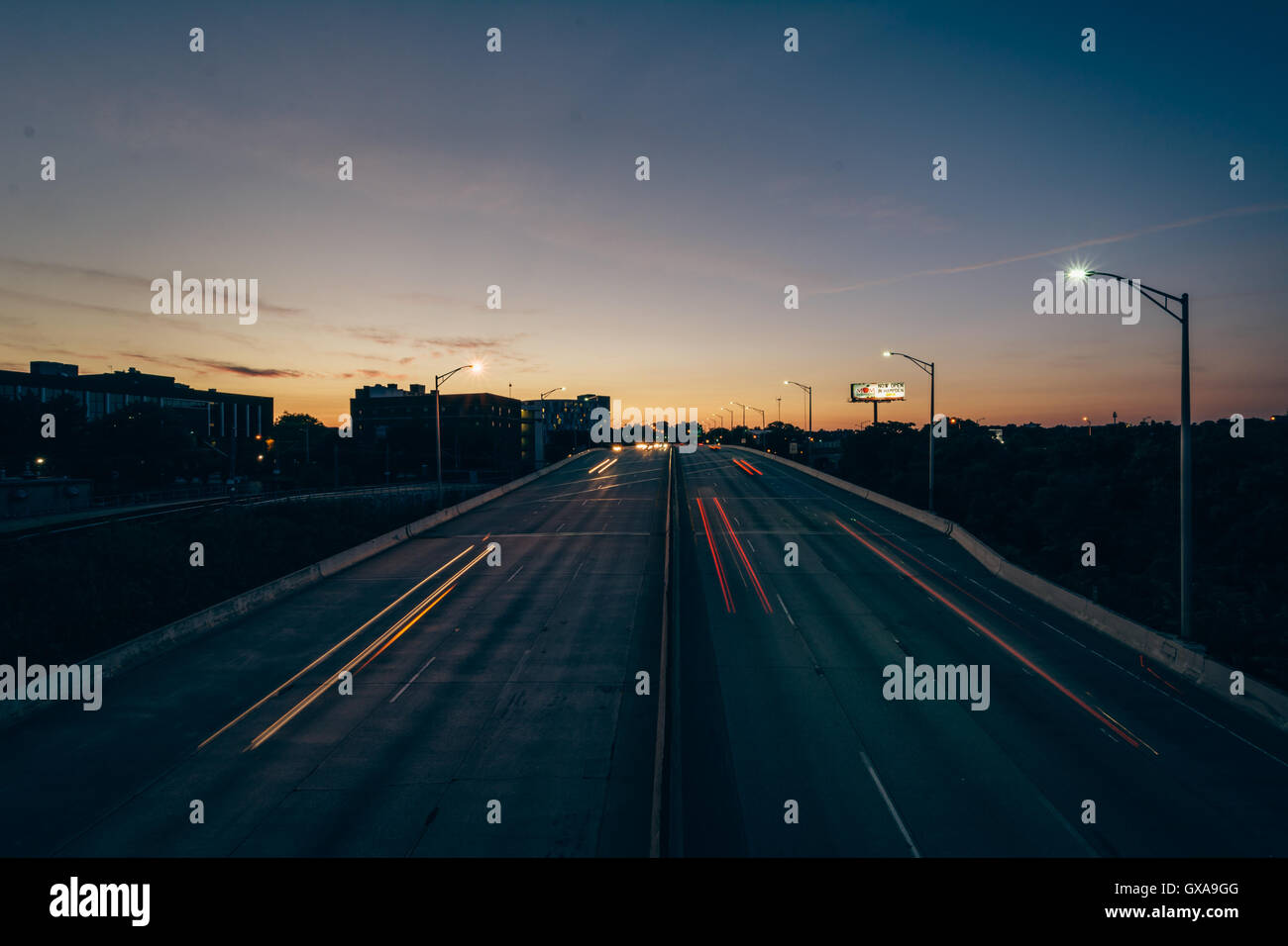 The Jones Falls Expressway at sunset, seen from the Howard Street ...