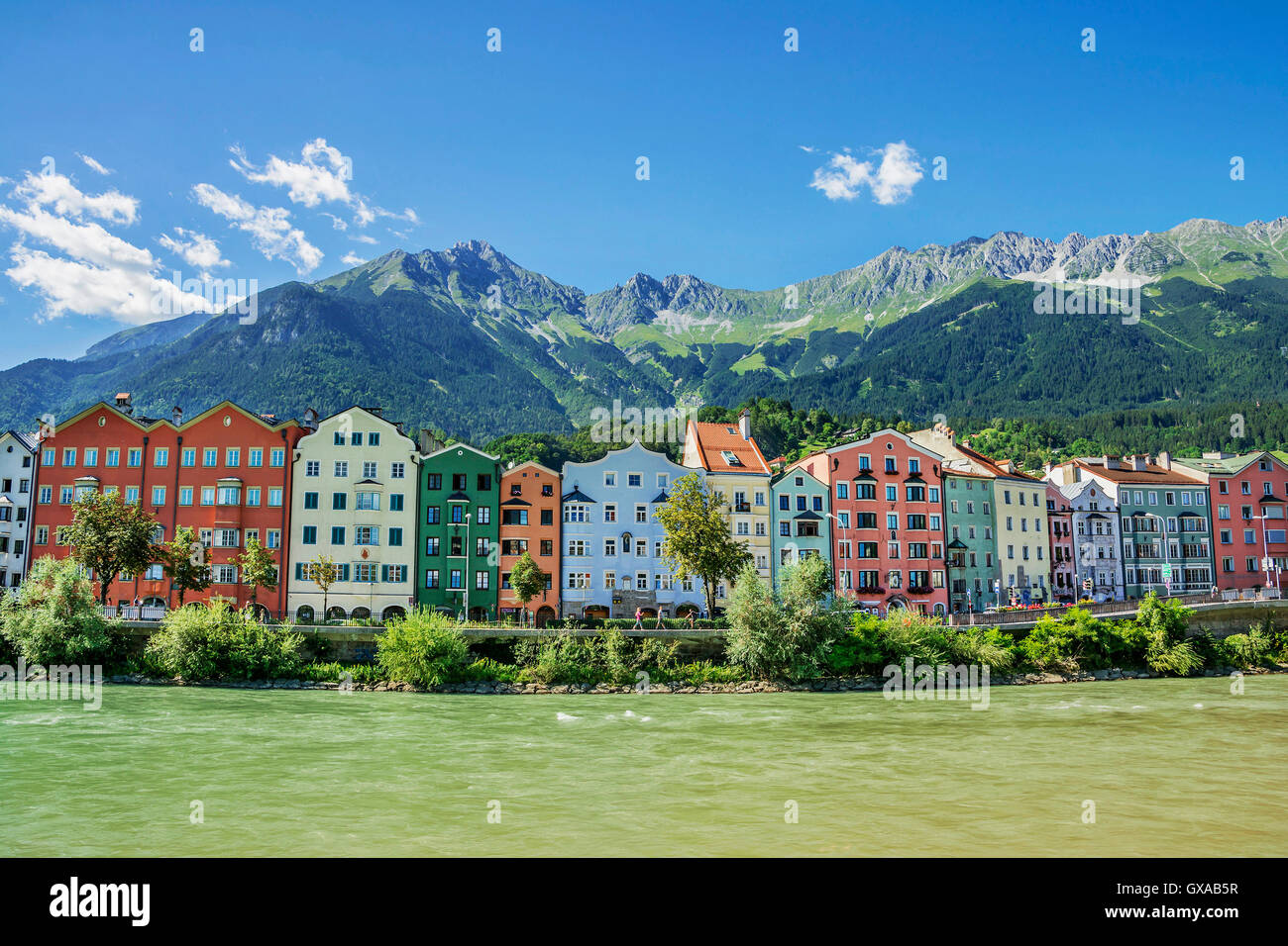 Innsbruck, capital of Tirol, Austria. Building facade with Inn River in ...