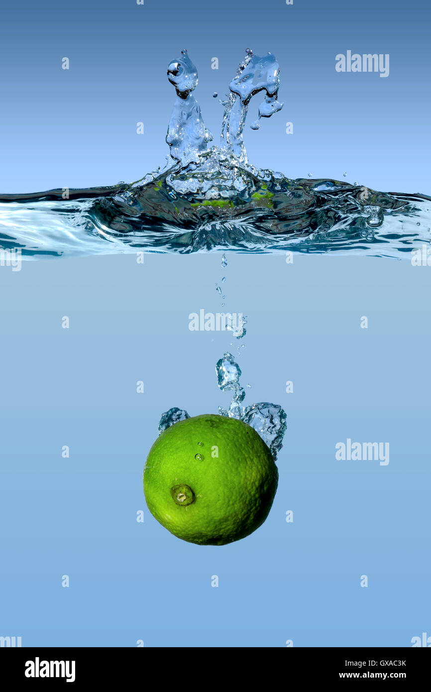 tropical citrus fruits lime in water on a blue background Stock Photo ...