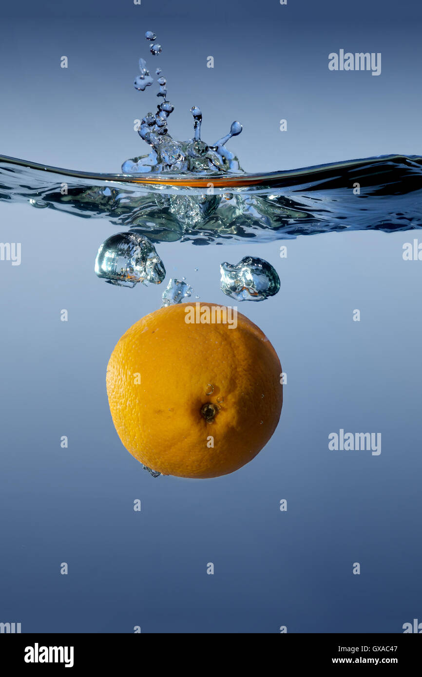 tropical fruit orange in water on a blue background Stock Photo - Alamy