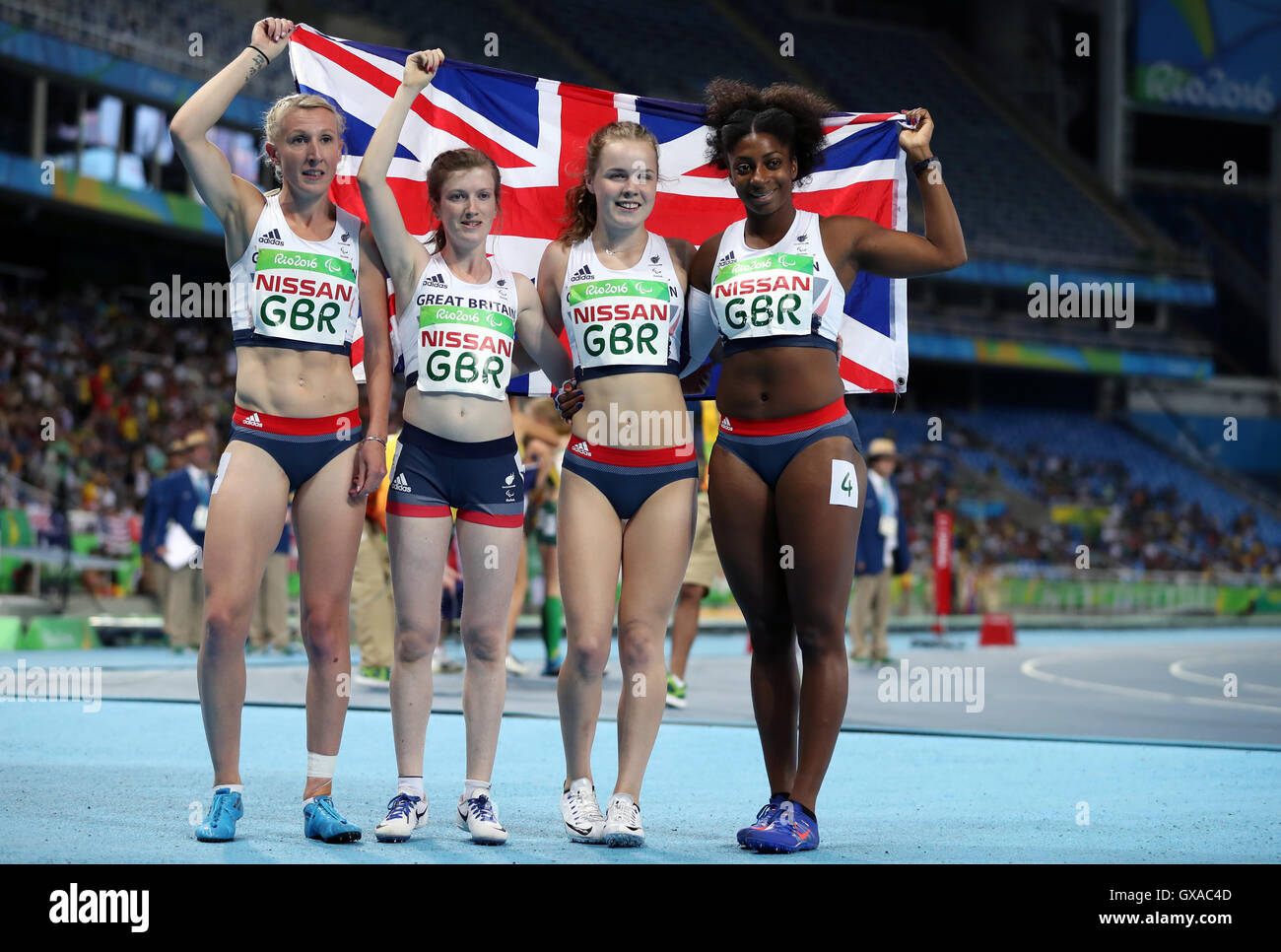 Great Britain's Georgina Hermitage, Sophie Hahn, Maria Lyle and Kadeena Cox following their ...
