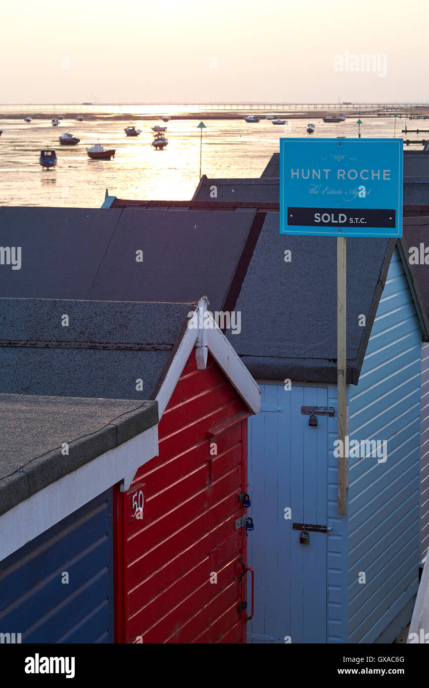 Beach huts with 'Sold' Sign. Southend On Sea - Essex, England, Uk Stock ...