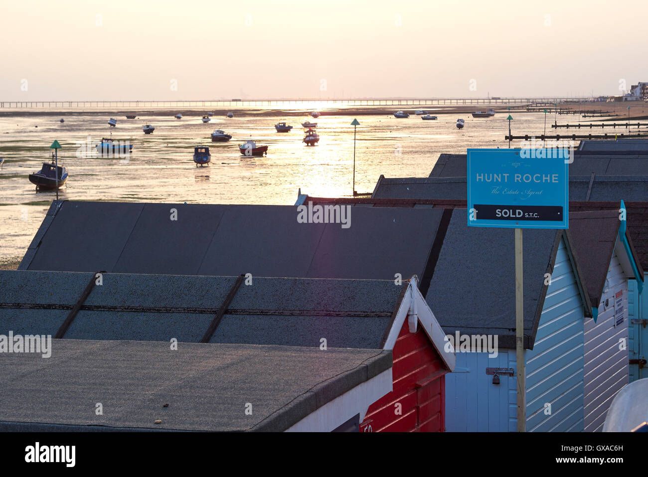 Beach huts with 'Sold' Sign. Southend On Sea - Essex, England, Uk Stock ...