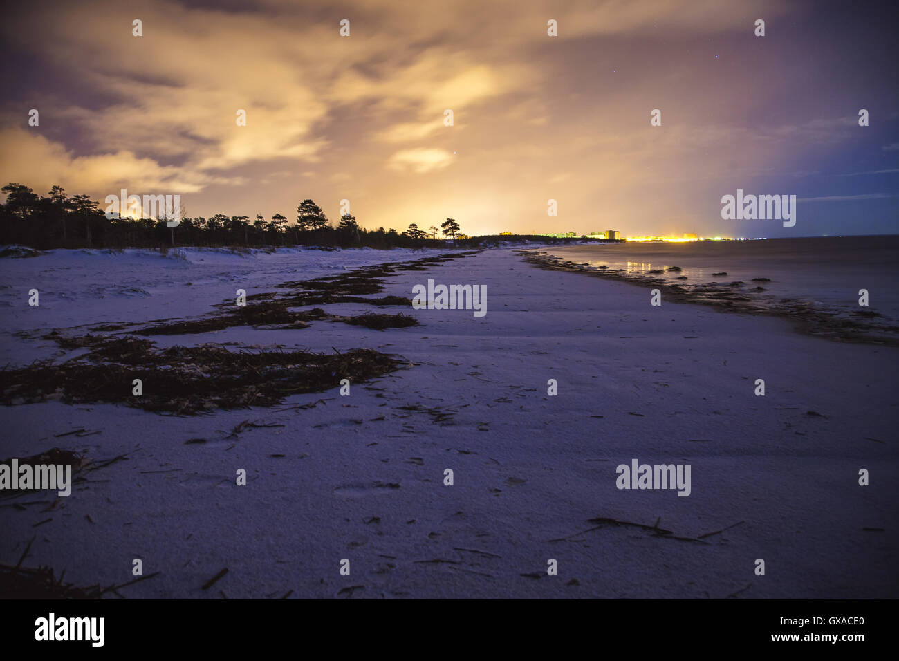 night seaside city lights moonlight Stock Photo - Alamy