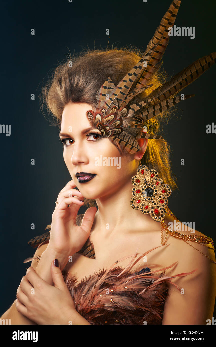 Girl harpy. Creative makeup for Halloween. The concept of mythical ...