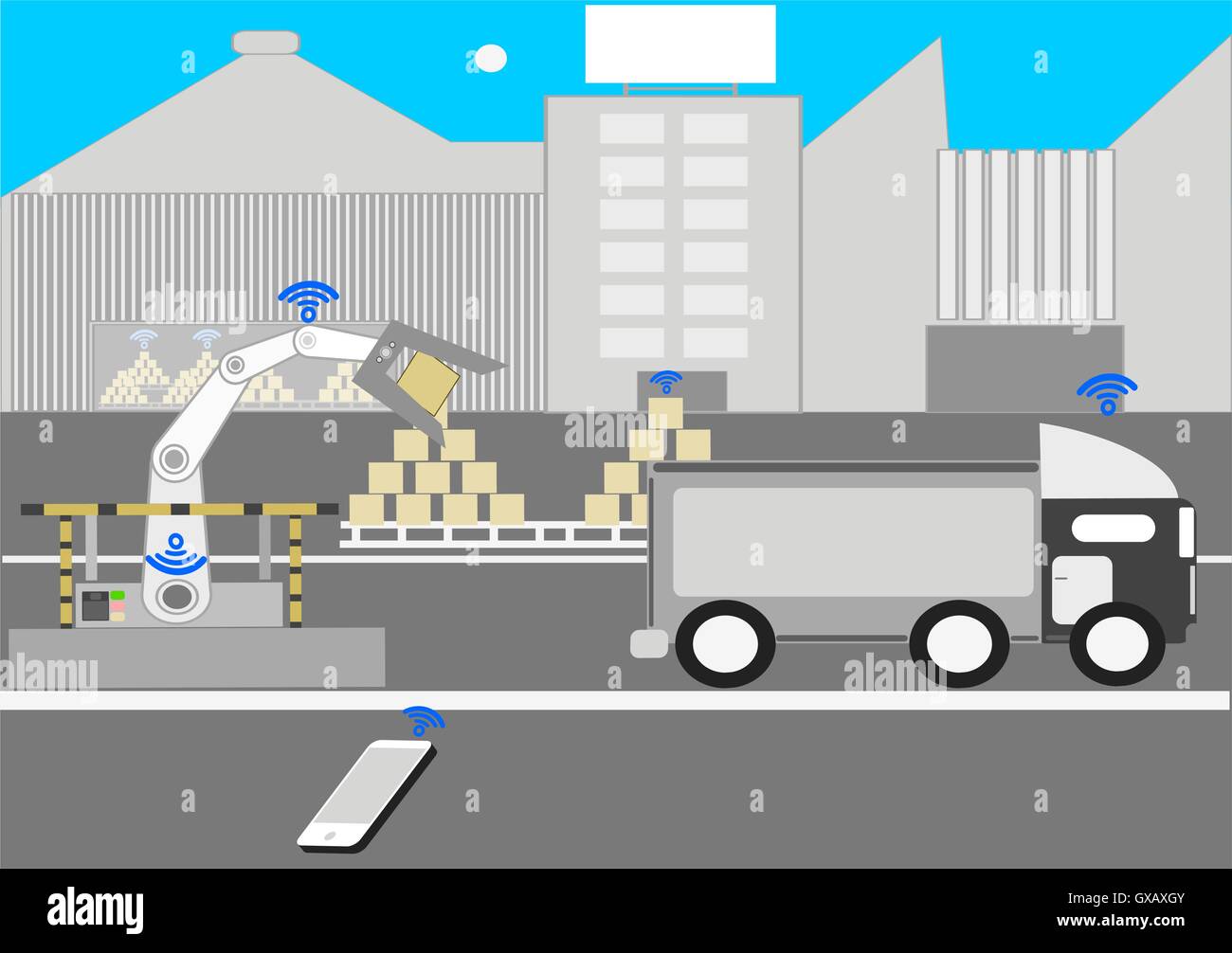 Smart factory series. Automated industrial plant with automatic robots ...
