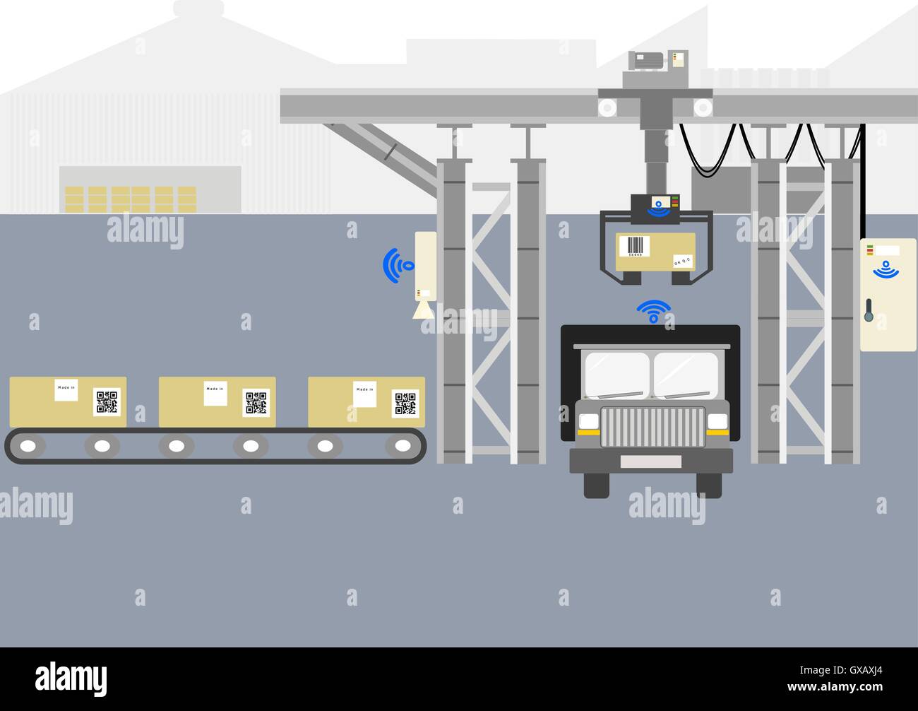 Smart factory series. Automated industrial plant with automatic robots ...