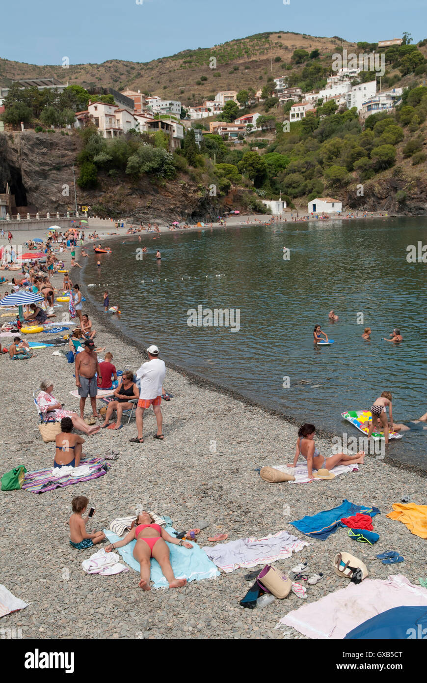 Portbou Spain, local tourists beach vacation, on holiday. Province of ...