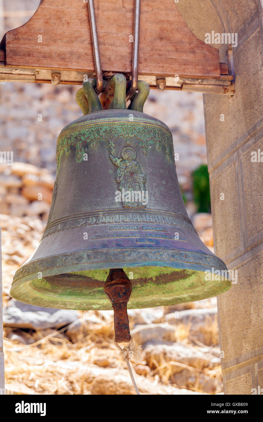 Monastery bronze small bell in Spinalonga fortress, Crete, Greece Stock ...