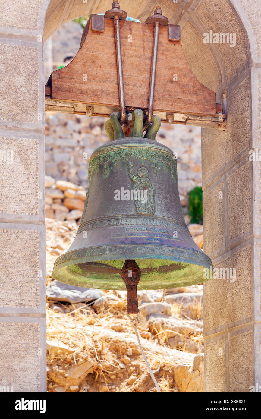 Monastery bronze small bell in Spinalonga fortress, Crete, Greece Stock ...
