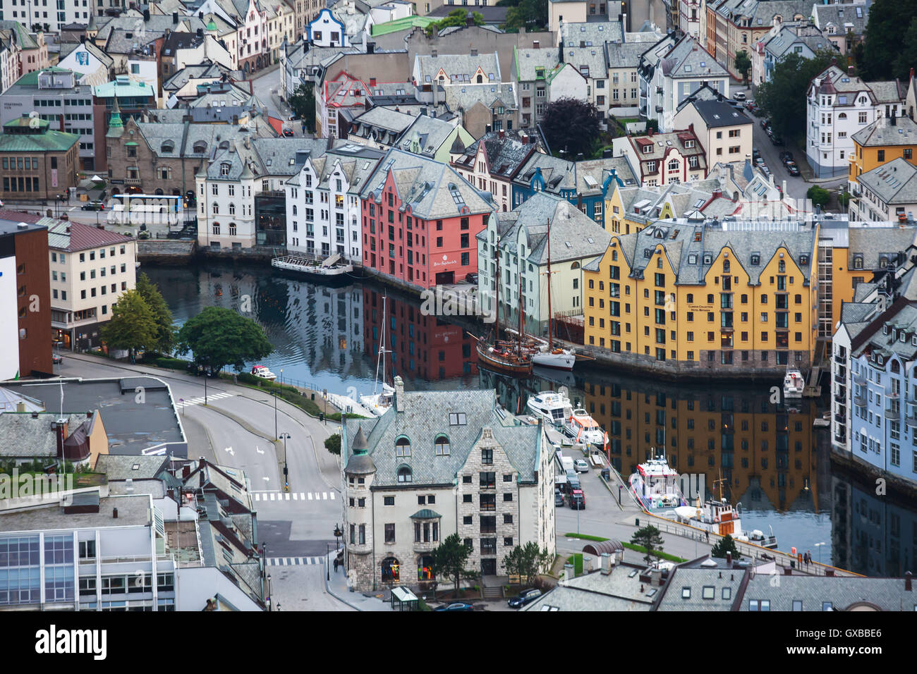 Beautiful super wide-angle summer aerial view of Alesund, Norway, with ...