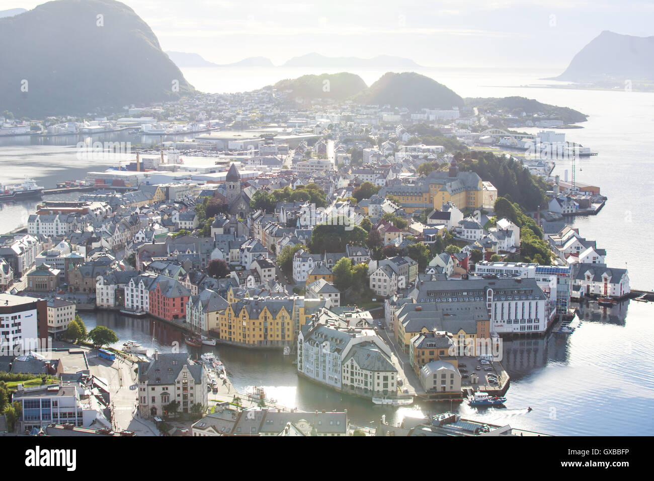 Beautiful super wide-angle summer aerial view of Alesund, Norway, with ...