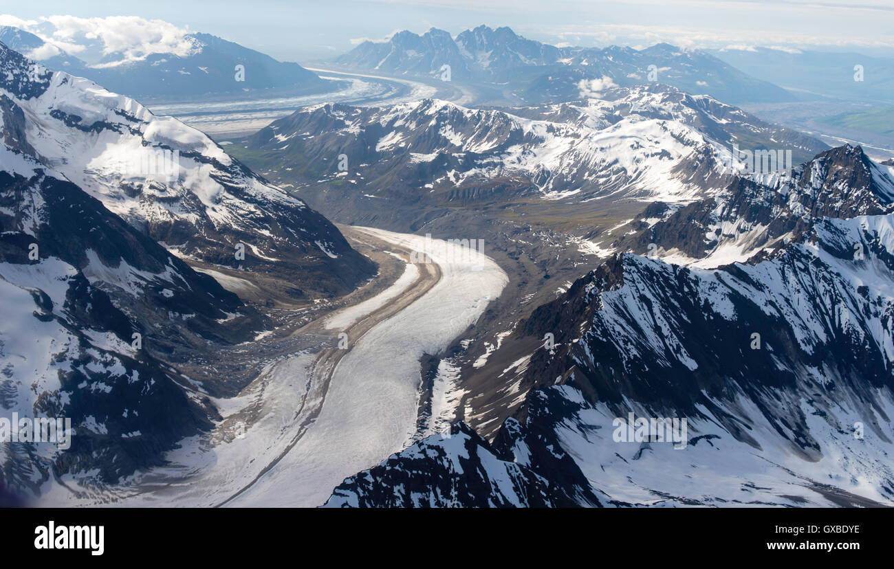 Aerial view of the Kahiltna Glacier and the Alaska Range on a ...