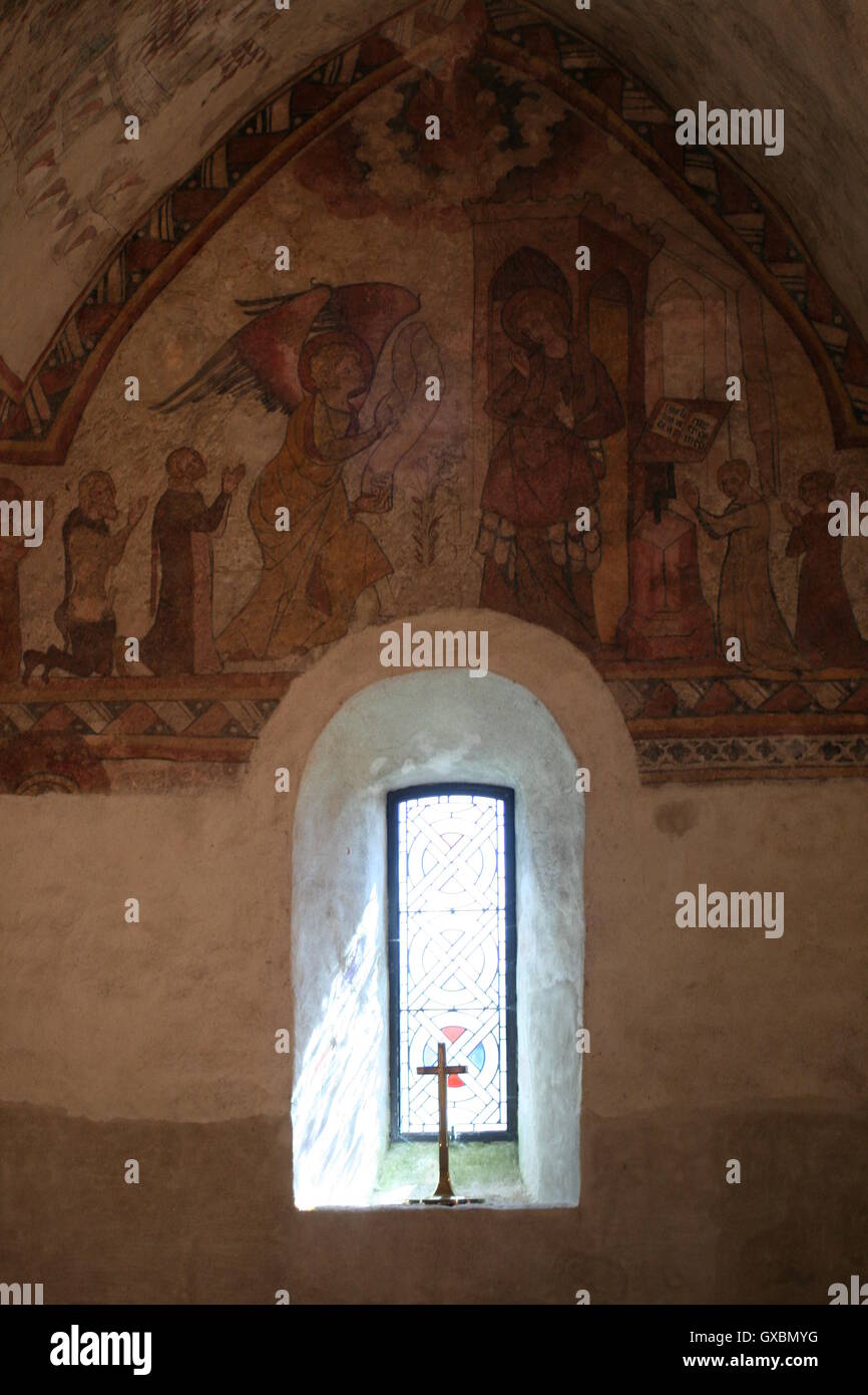 Medieval fresco of 'The Annunciation', window and crucifix in the ...