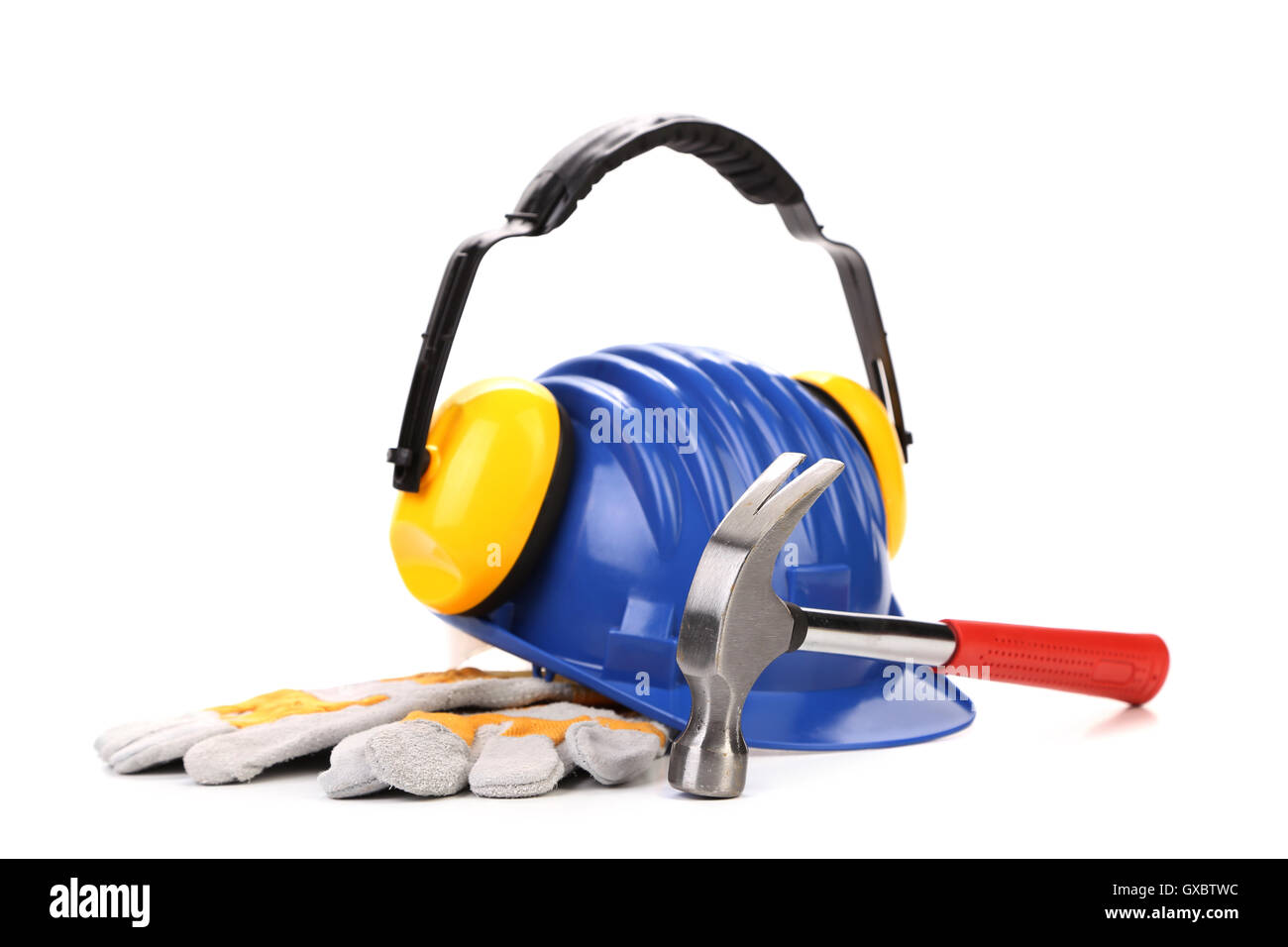 hard hat and ear muffs hammer Stock Photo - Alamy