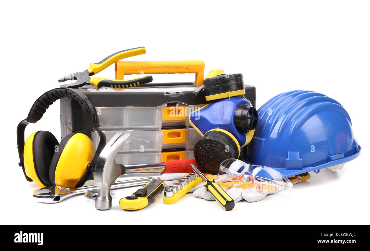 Set of tools and instruments with toolbox Stock Photo - Alamy