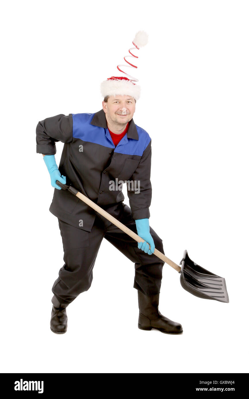 Man in workwear with shovel. Comic Stock Photo - Alamy