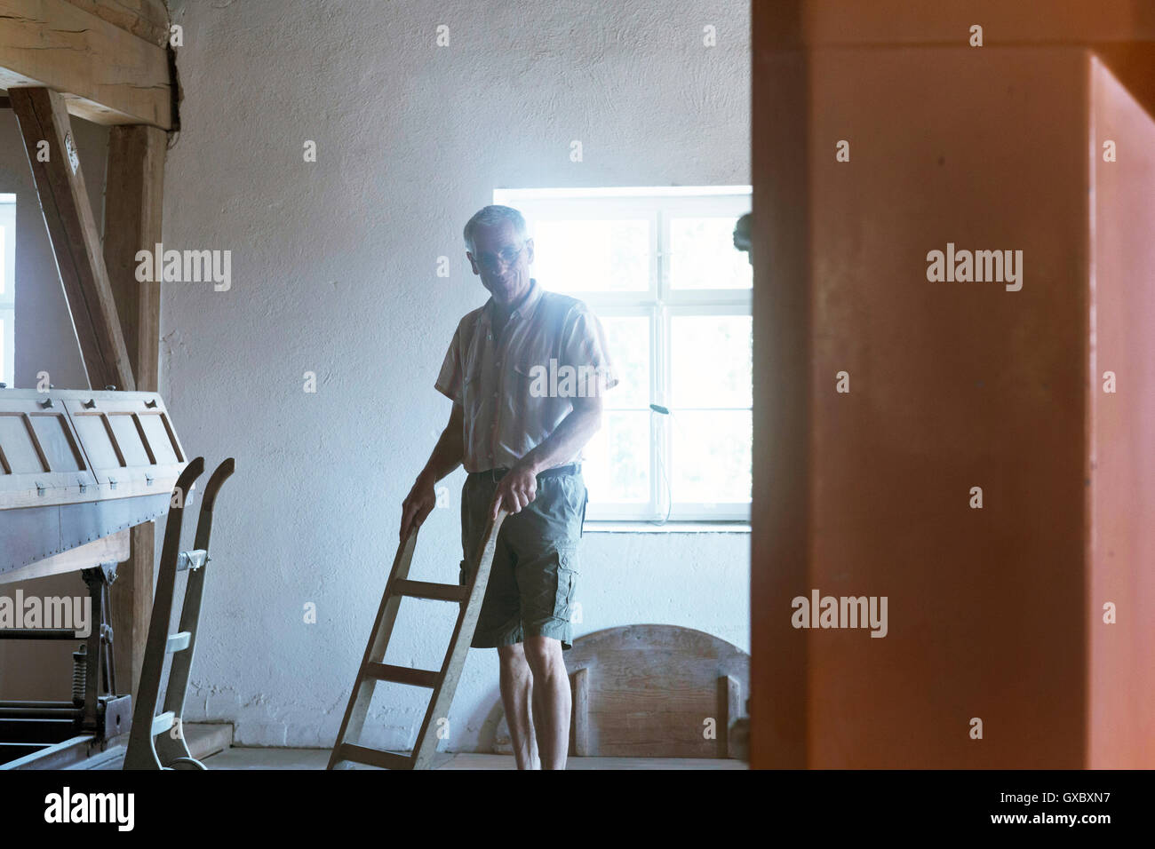 Male miller pushing sack barrow in wheat mill Stock Photo - Alamy