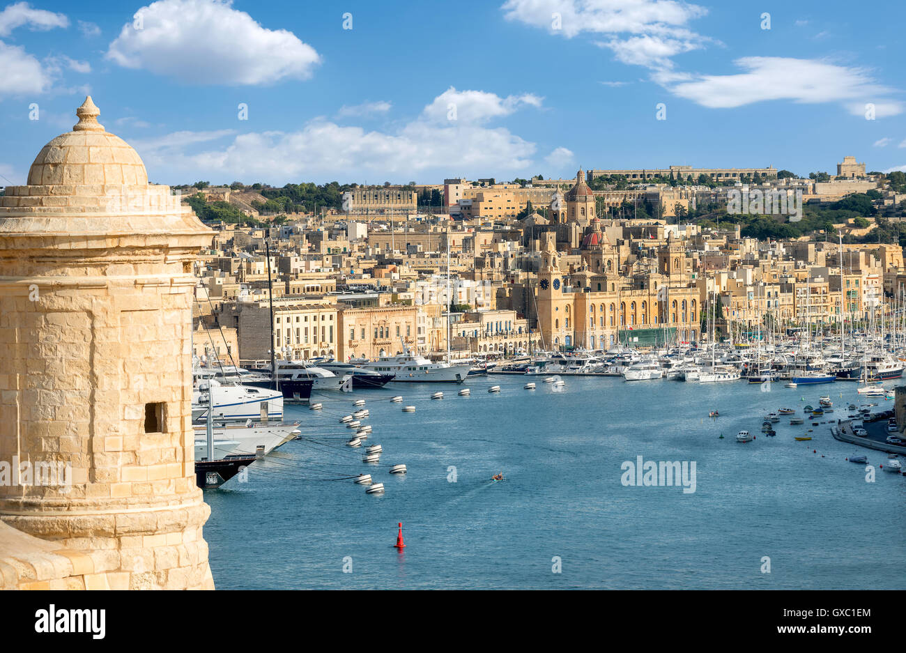 Sentry tower and view to Grand Harbour. Valletta, Malta Stock Photo - Alamy