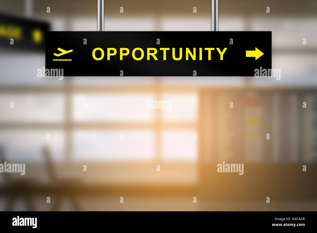 Opportunity on airport sign board with blurred background and copy ...