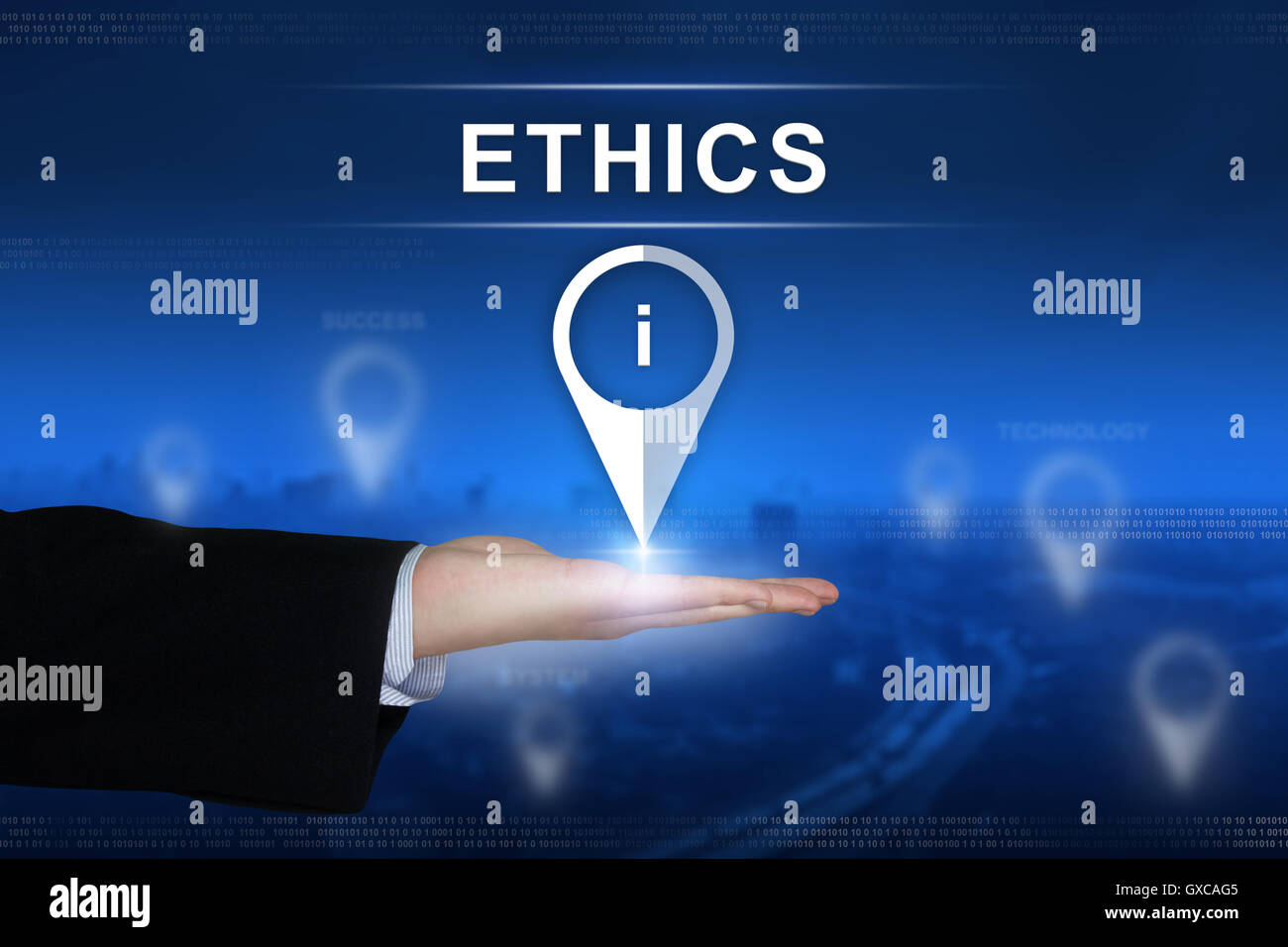 Ethics button with business hand on blurred background Stock Photo - Alamy