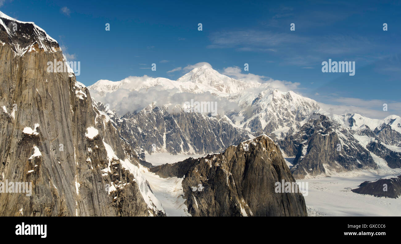 Aerial view of Denali (Mt. McKinley), the Ruth Glacier (lower left) and ...