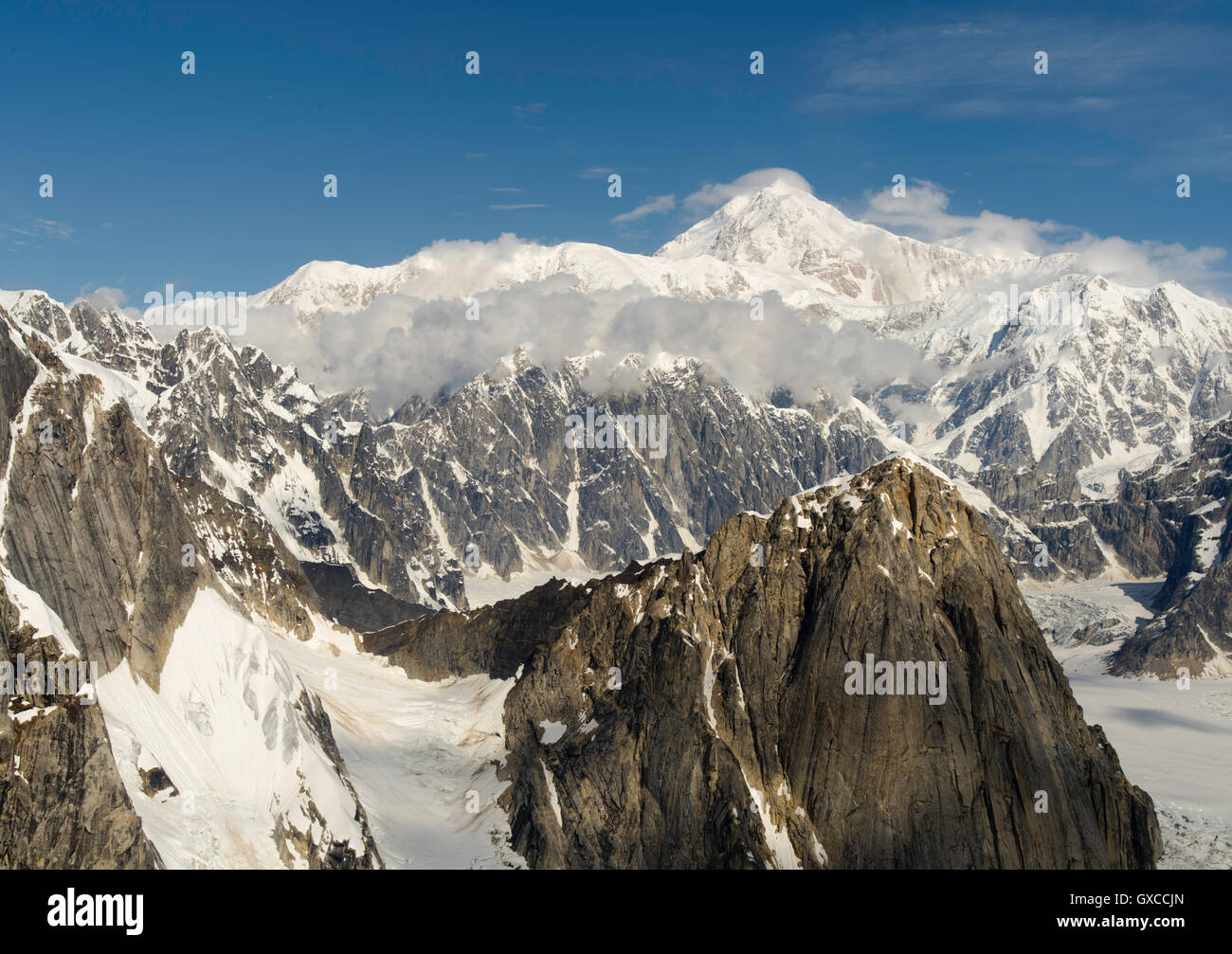 Aerial view of Denali (Mt. McKinley), the Ruth Glacier (lower left) and ...