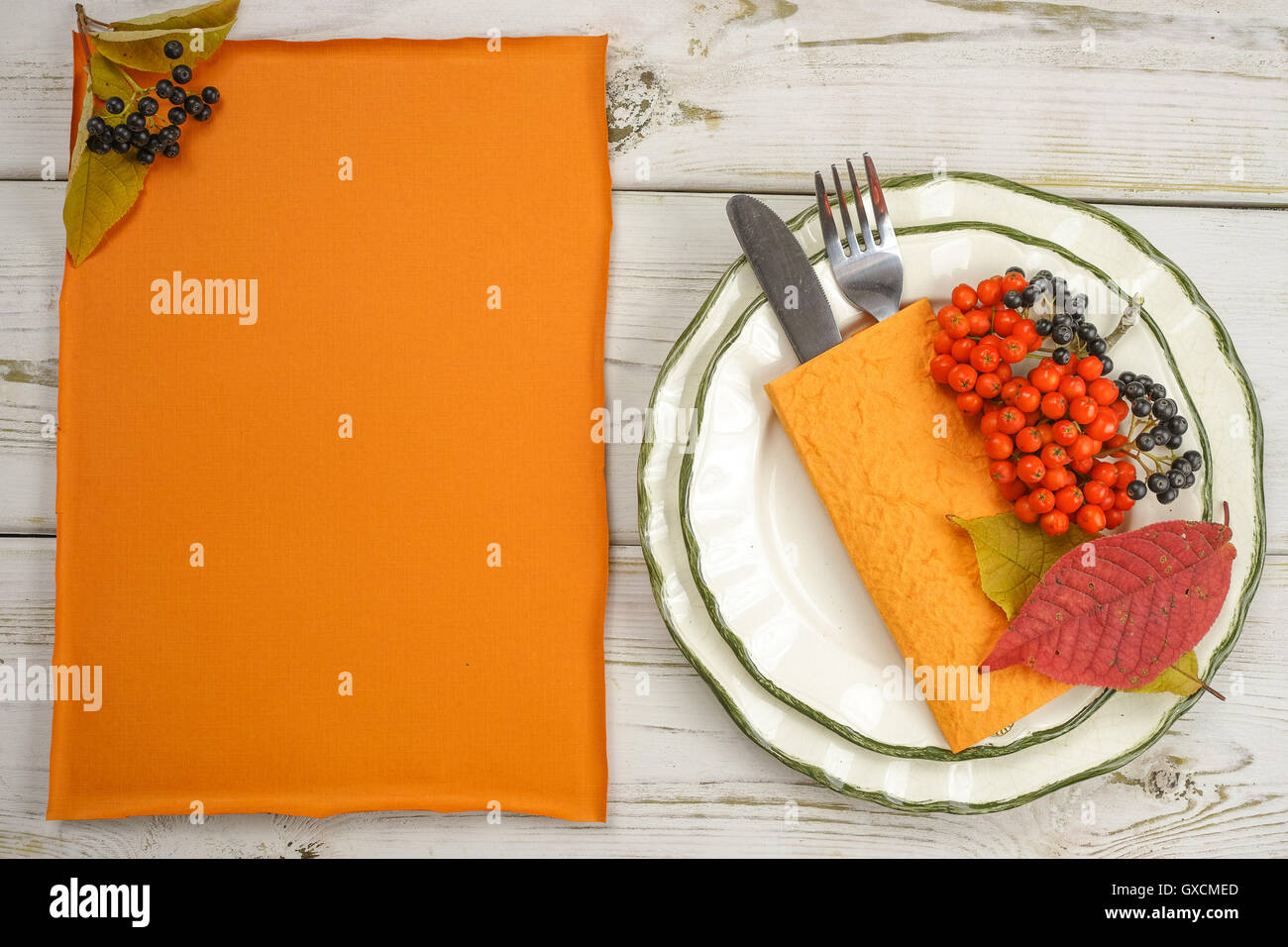 Autumn restaurant menu free text copy space and table setting on wooden ...