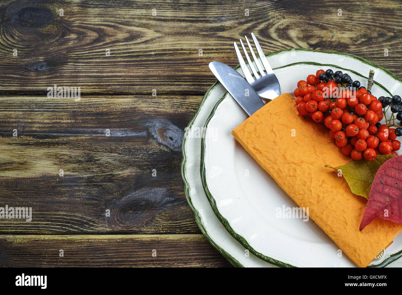 Autumn restaurant menu free text copy space and table setting on wooden ...