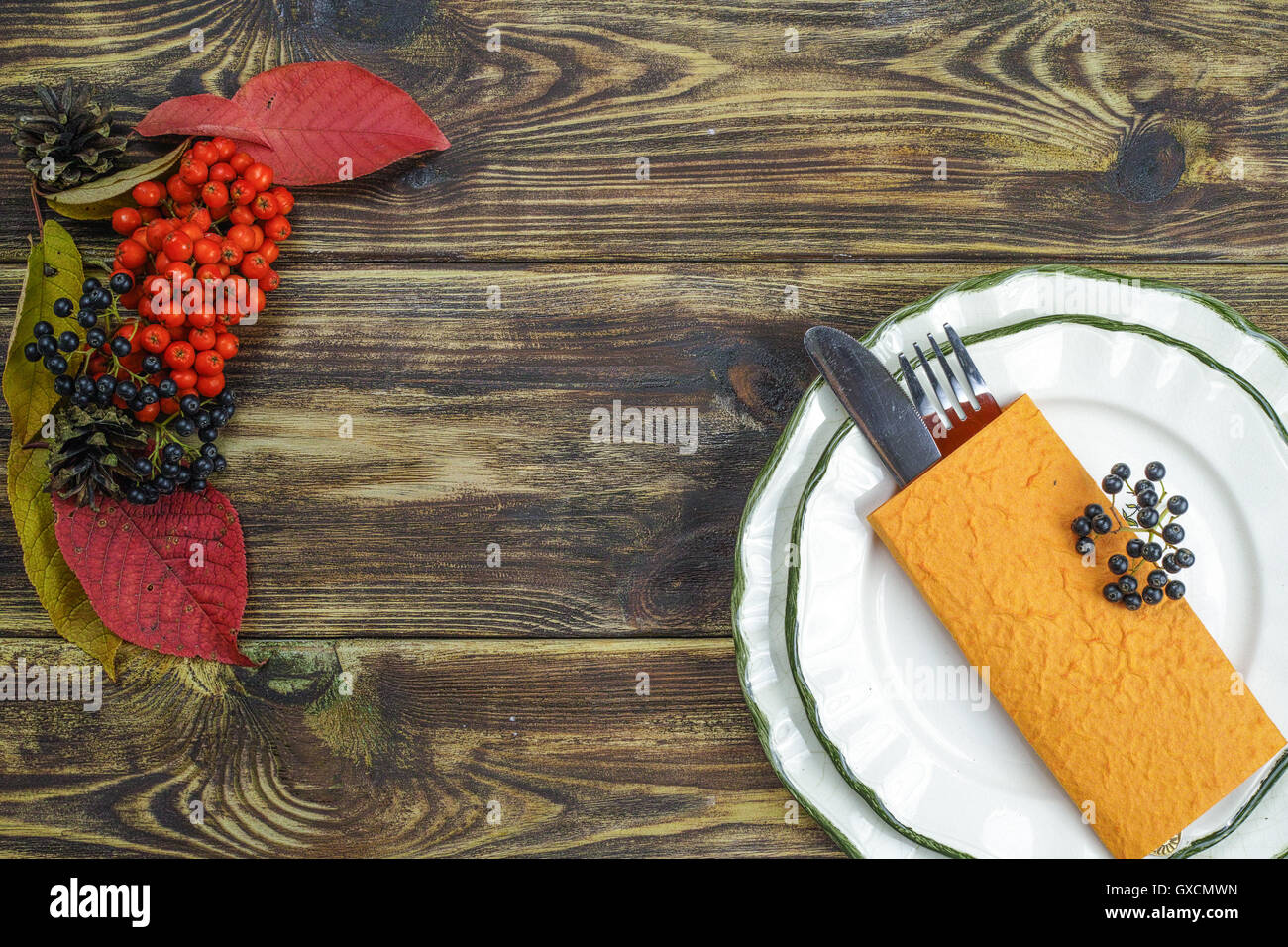 Autumn restaurant menu free text copy space and table setting on wooden ...