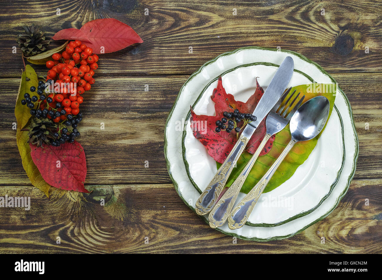 Autumn restaurant menu free text copy space and table setting on wooden ...