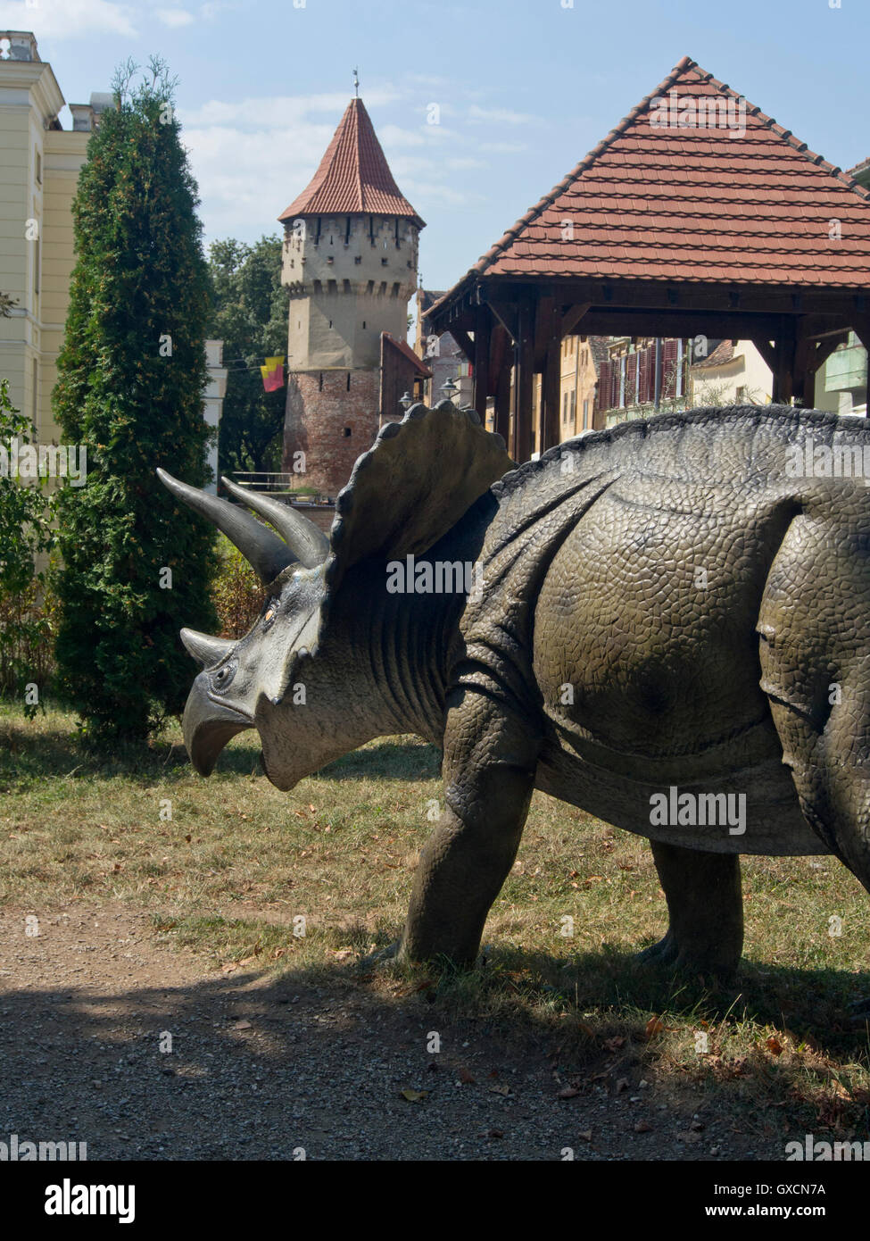 Dinosaur theme garden in the medieval city of Sibiu.Transylvania ...