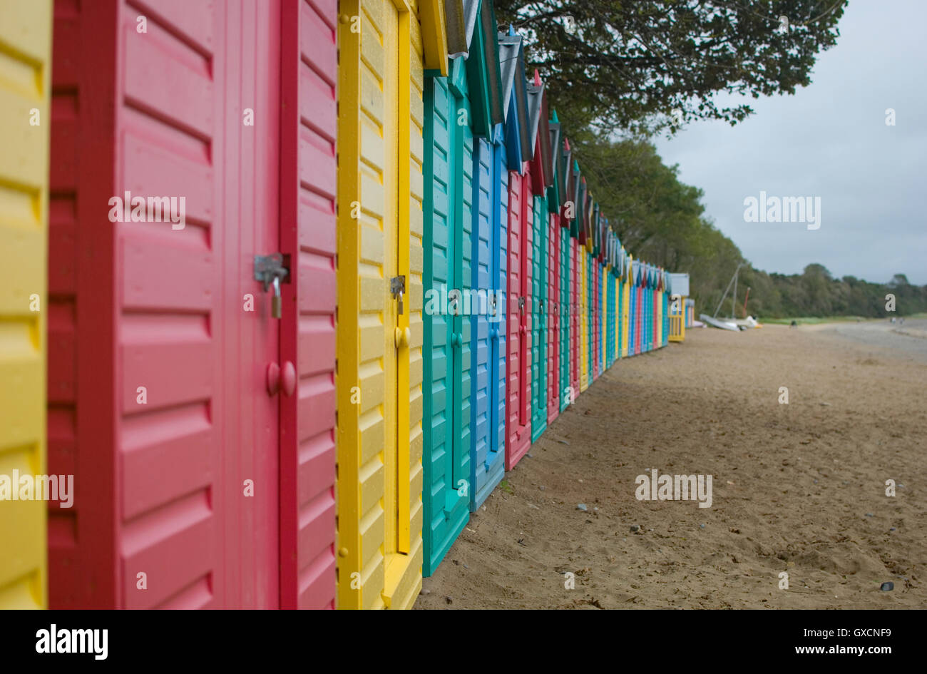 Llanbedrog beach, Llyn Penninsula, beach huts, Gwynned, Wales, UK Stock ...