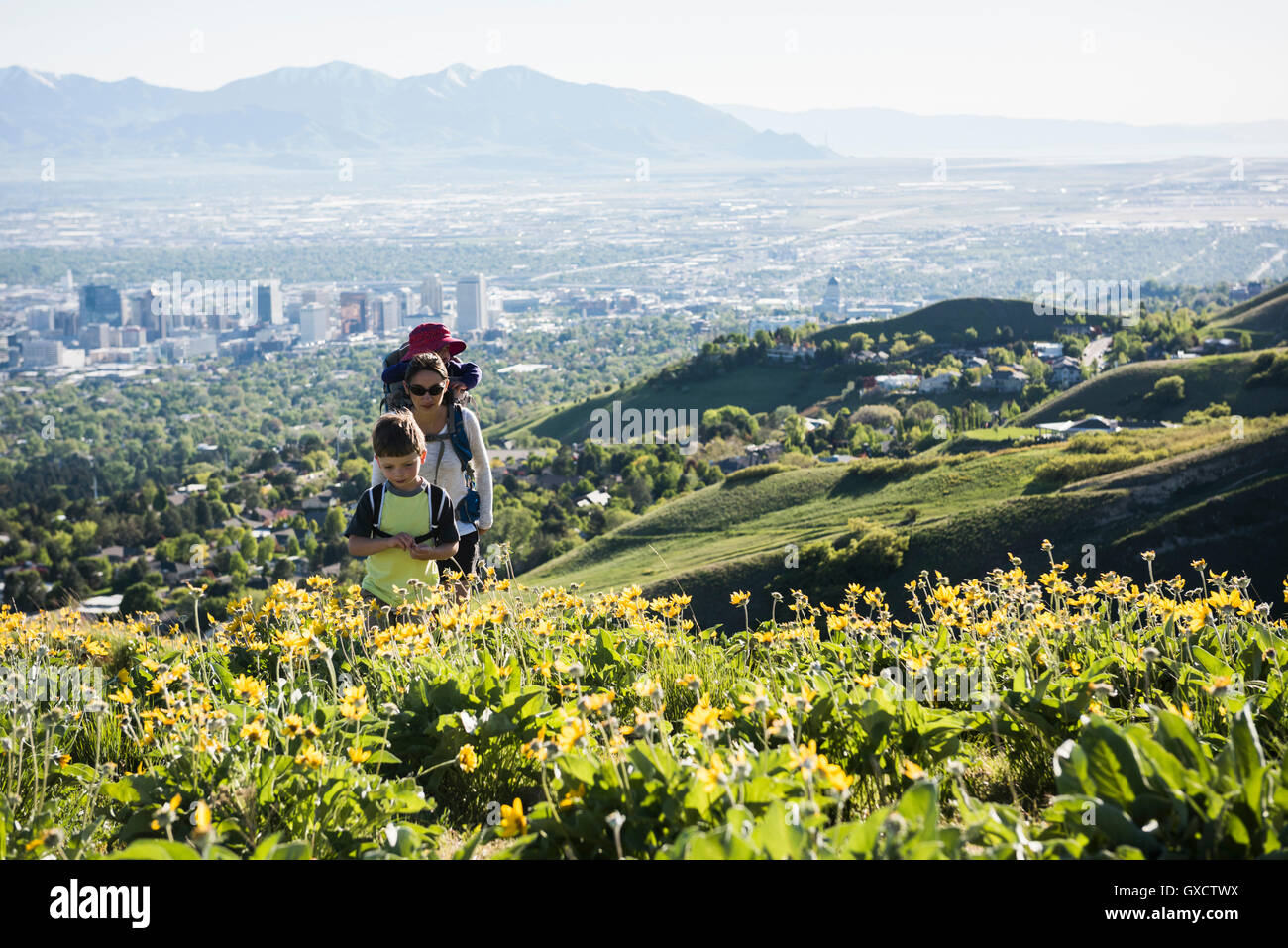 Mother with son and daughter, hiking the Bonneville Shoreline Trail in ...